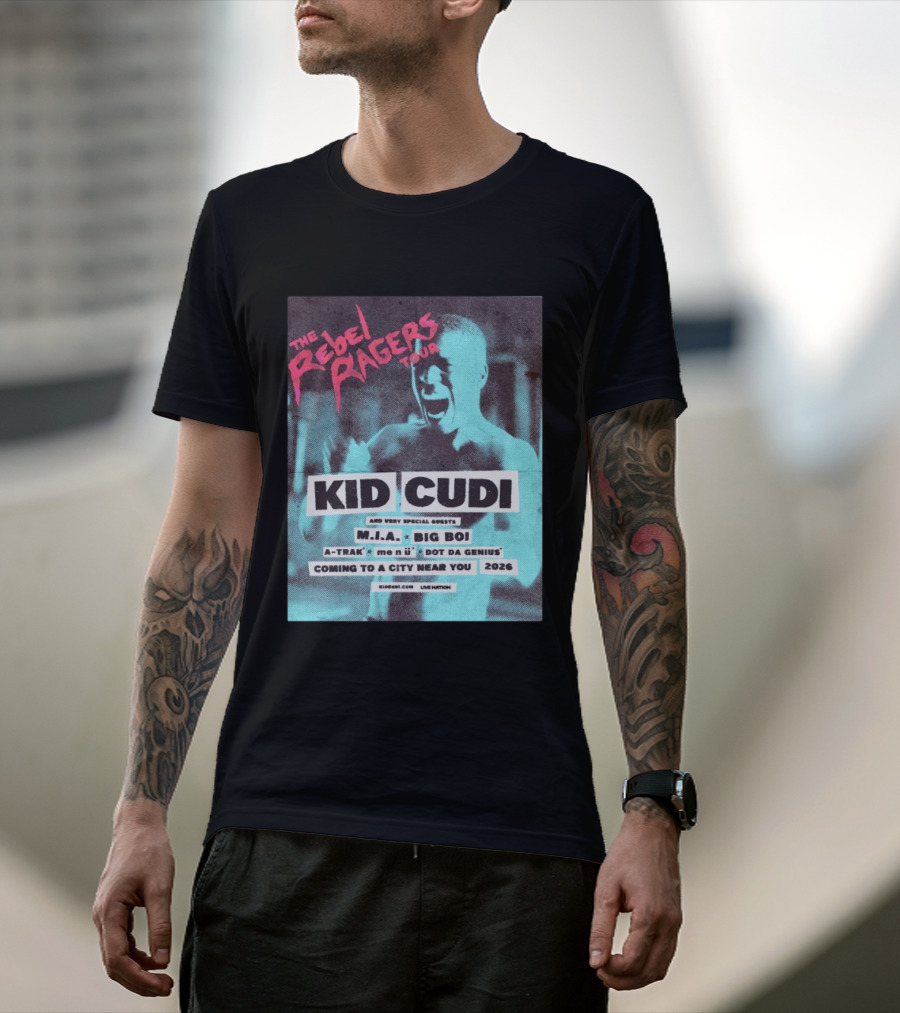 Kid Cudi The Rebel Ragers Tour 2026 Featuring M.I.A. Big Boi A Trak And Dot Da Genius T-Shirt