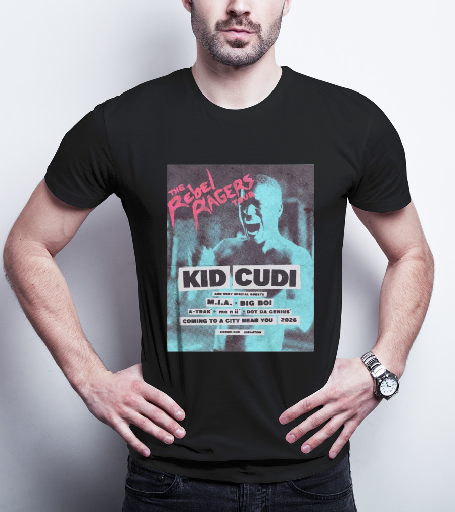Kid Cudi The Rebel Ragers Tour 2026 Featuring M.I.A. Big Boi A Trak And Dot Da Genius T-Shirt