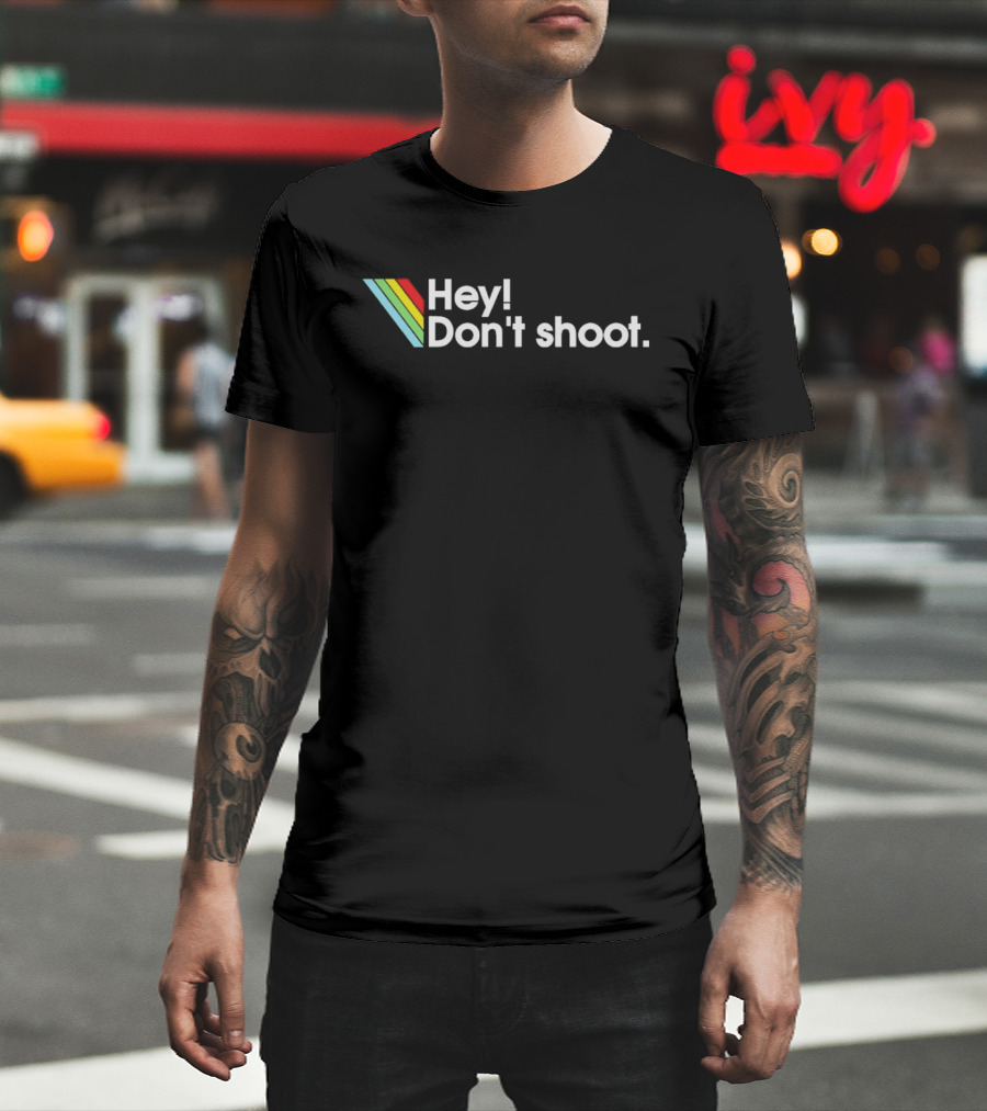 Hey Don't Shoot Arc Raiders Retro Rainbow Stripes T-Shirt
