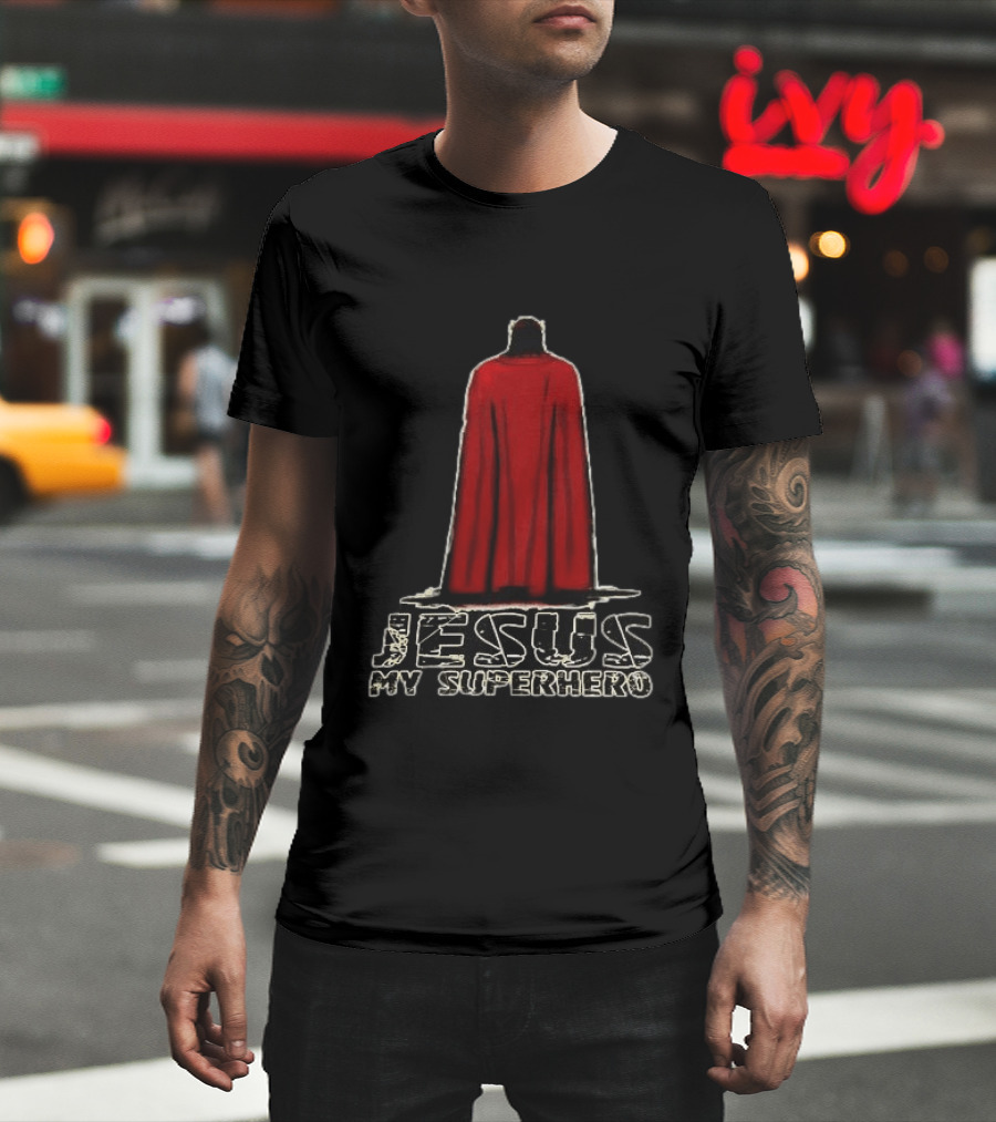 Jesus My Superhero Red Cape Christian Strength T-Shirt