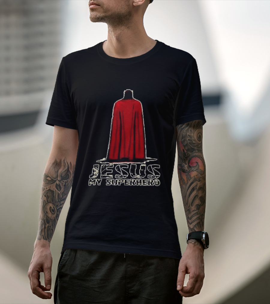Jesus My Superhero Red Cape Christian Strength T-Shirt