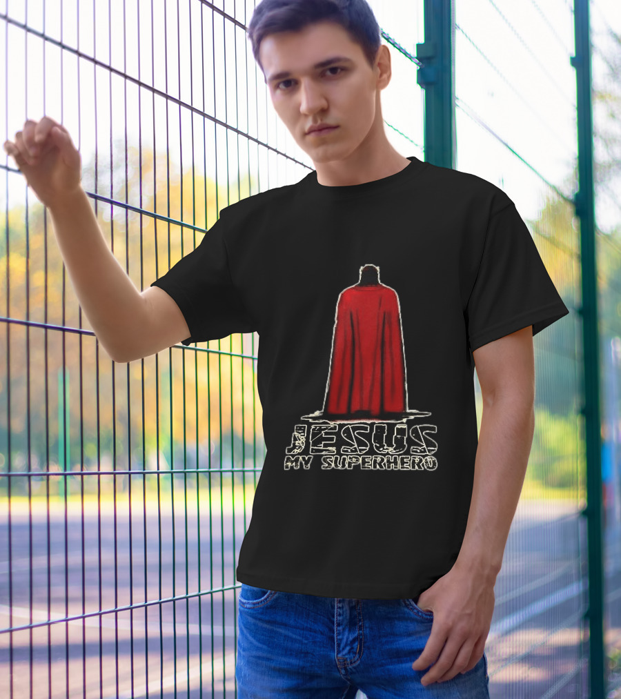 Jesus My Superhero Red Cape Christian Strength T-Shirt