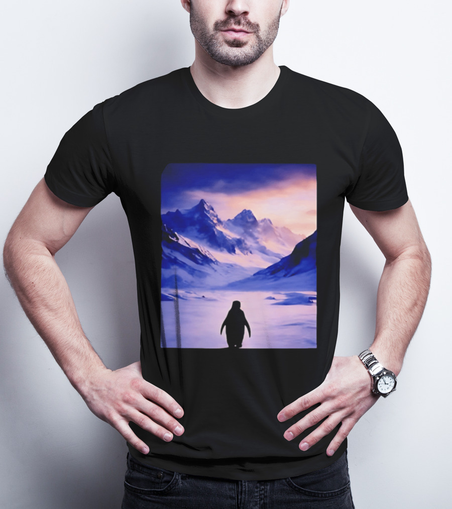Nihilist Penguin Silhouette In Mountainous Ice Landscape T-Shirt