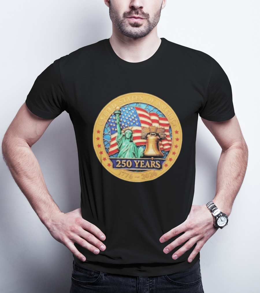 United States Of America 250 Years 1776 2026 Liberty Bell And Statue Of Liberty Celebration T-Shirt