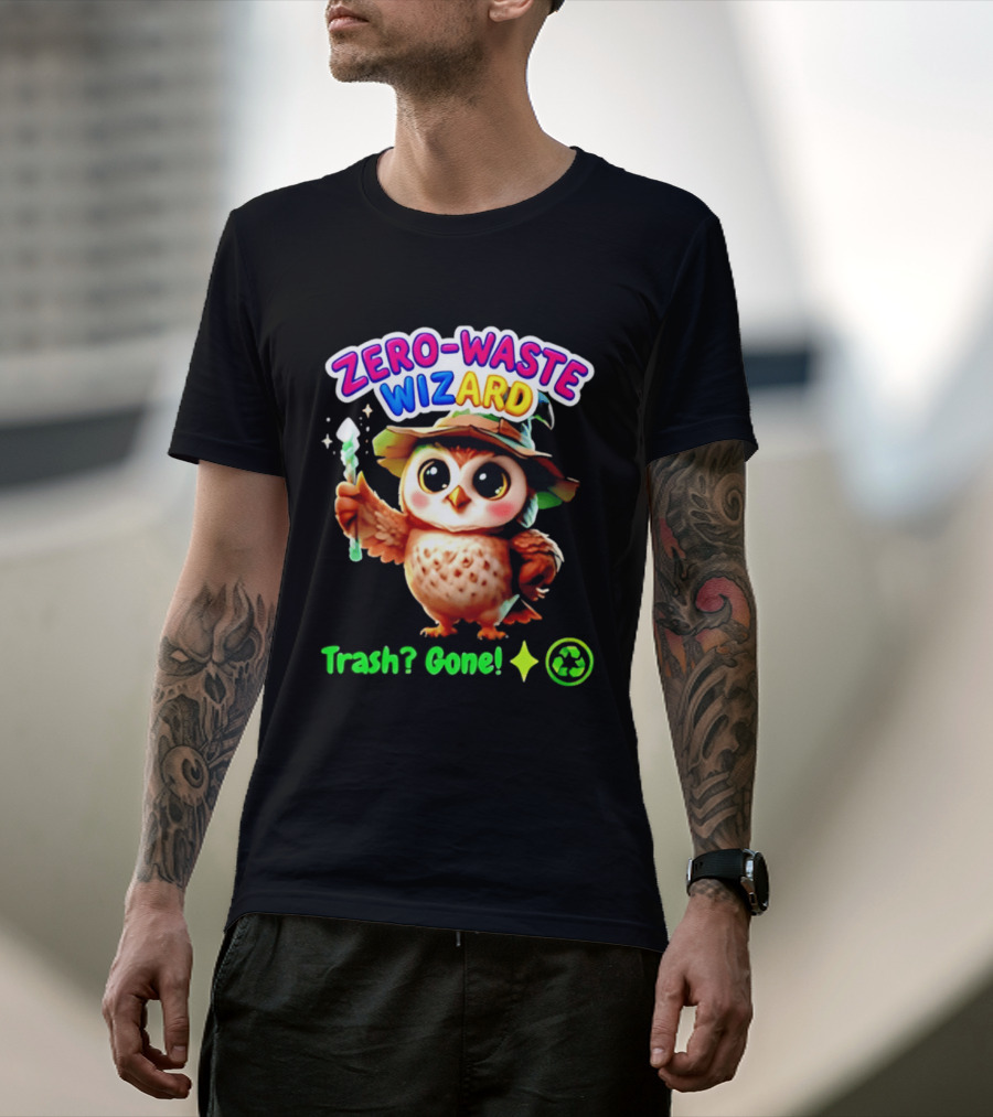 Zero Waste Wizard Owl With Magic Wand Trash Gone Recycling T-Shirt