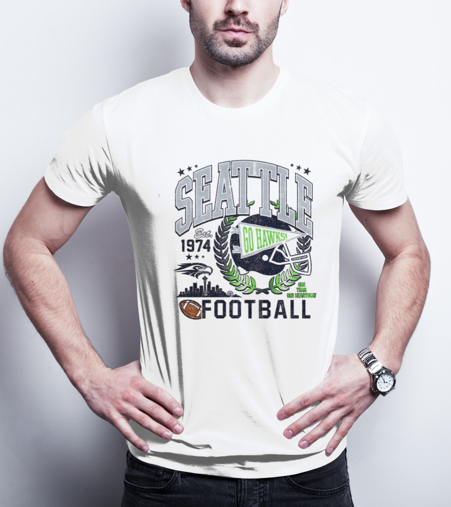 Seattle Football Go Hawks Est 1974 One Team One Heartbeat Helmet Wreath Stars T-Shirt
