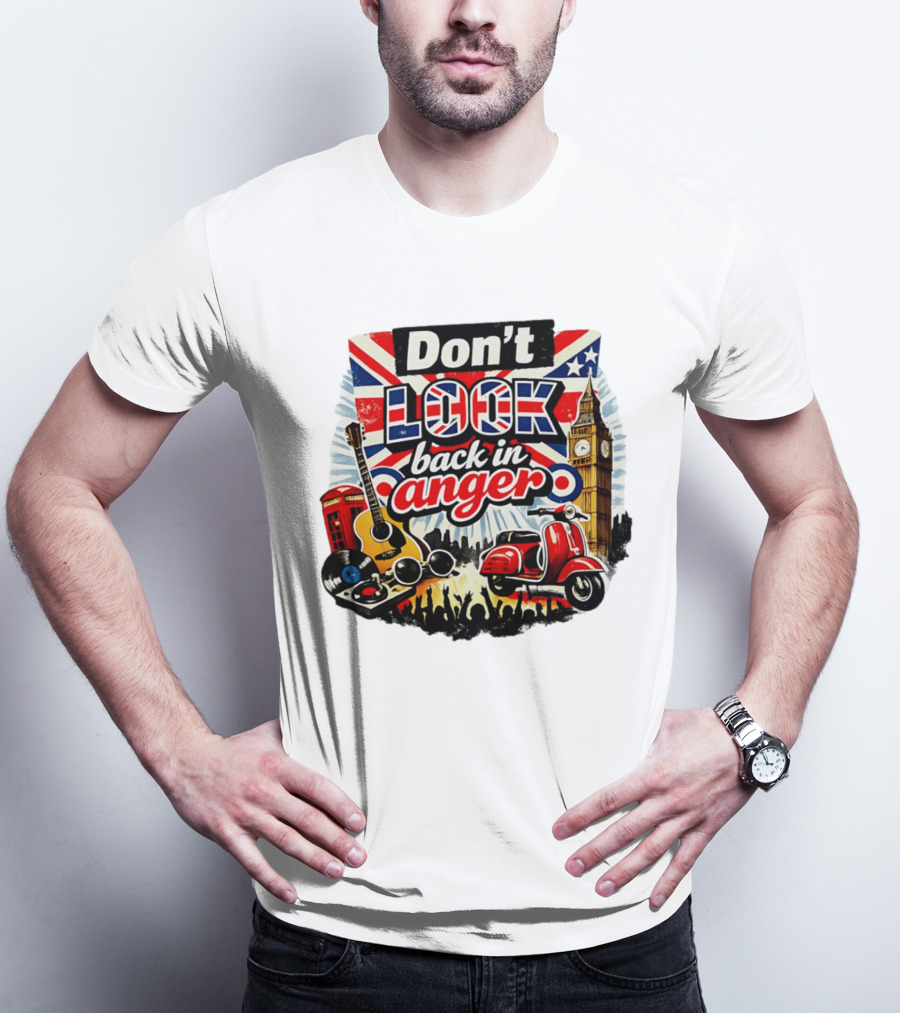 Don't Look Back In Anger UK Flag Vespa Guitar Big Ben Music T-Shirt