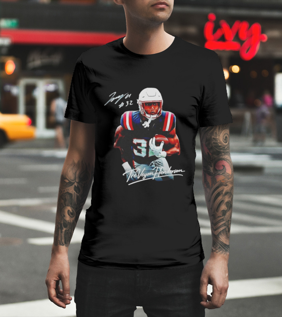 TreVeyon Henderson Autograph Edition New England Patriots 32 Football T-Shirt
