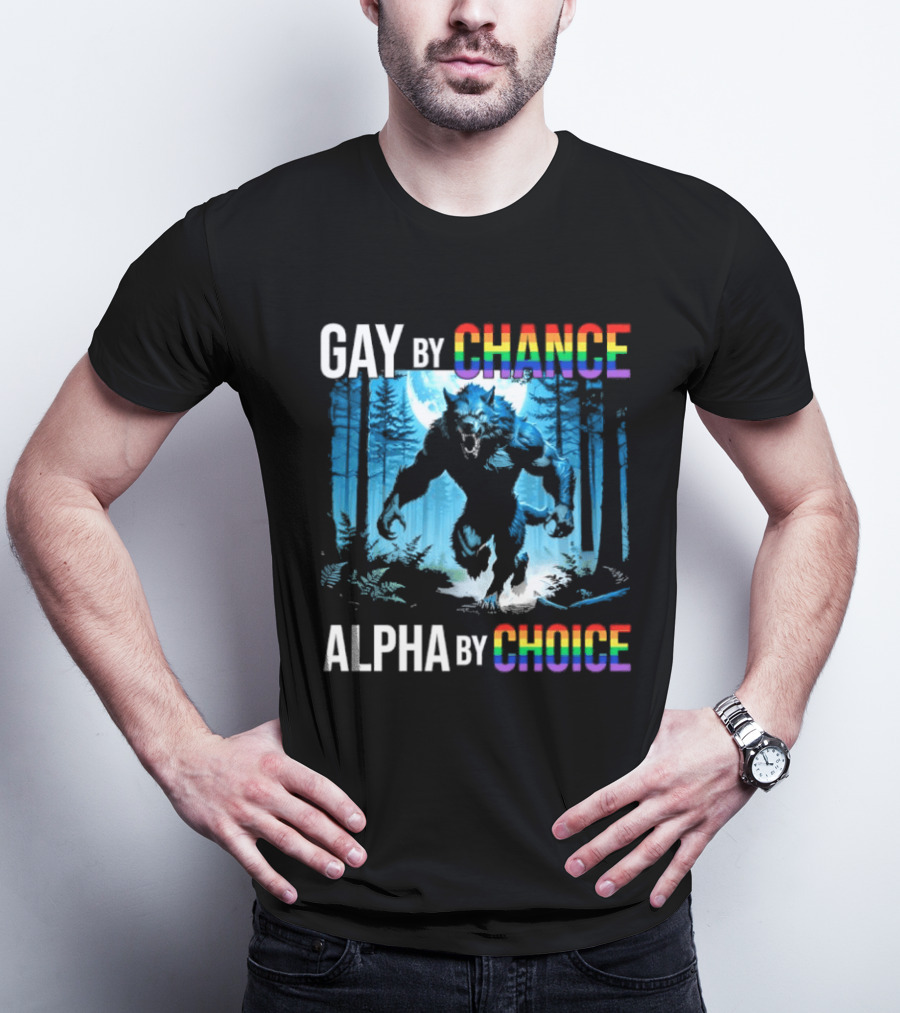 Gay By Chance Alpha By Choice Wolf LGBT Rainbow Forest Moon T-Shirt