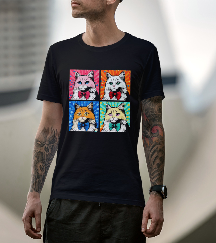 Pop Art Pop Four Panel Colorful Cats Wearing Bowties Kilkennycat T-Shirt