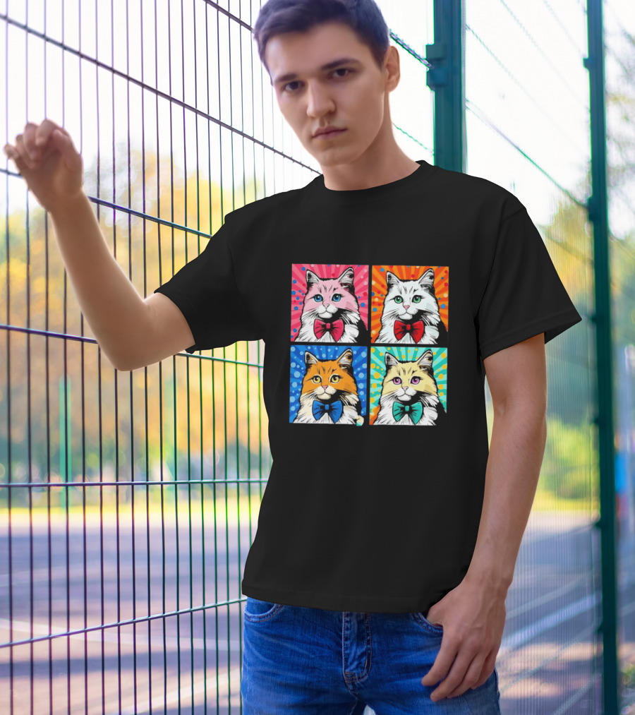 Pop Art Pop Four Panel Colorful Cats Wearing Bowties Kilkennycat T-Shirt