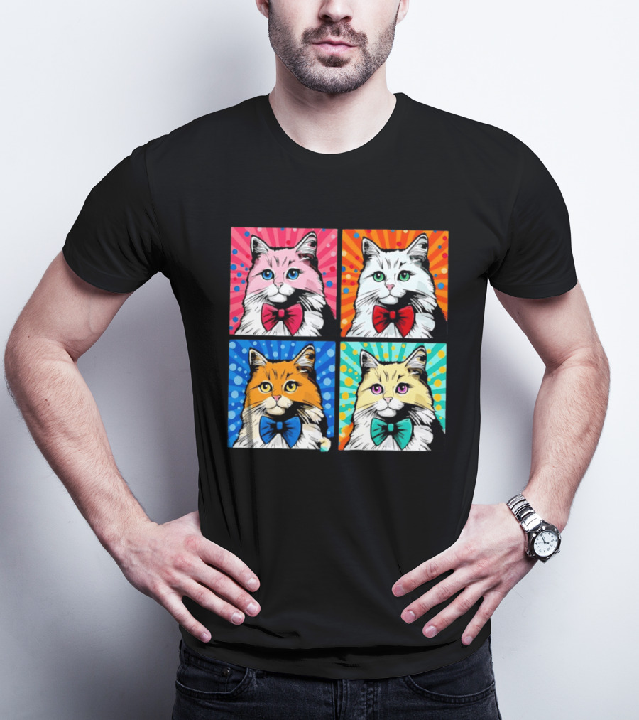 Pop Art Pop Four Panel Colorful Cats Wearing Bowties Kilkennycat T-Shirt
