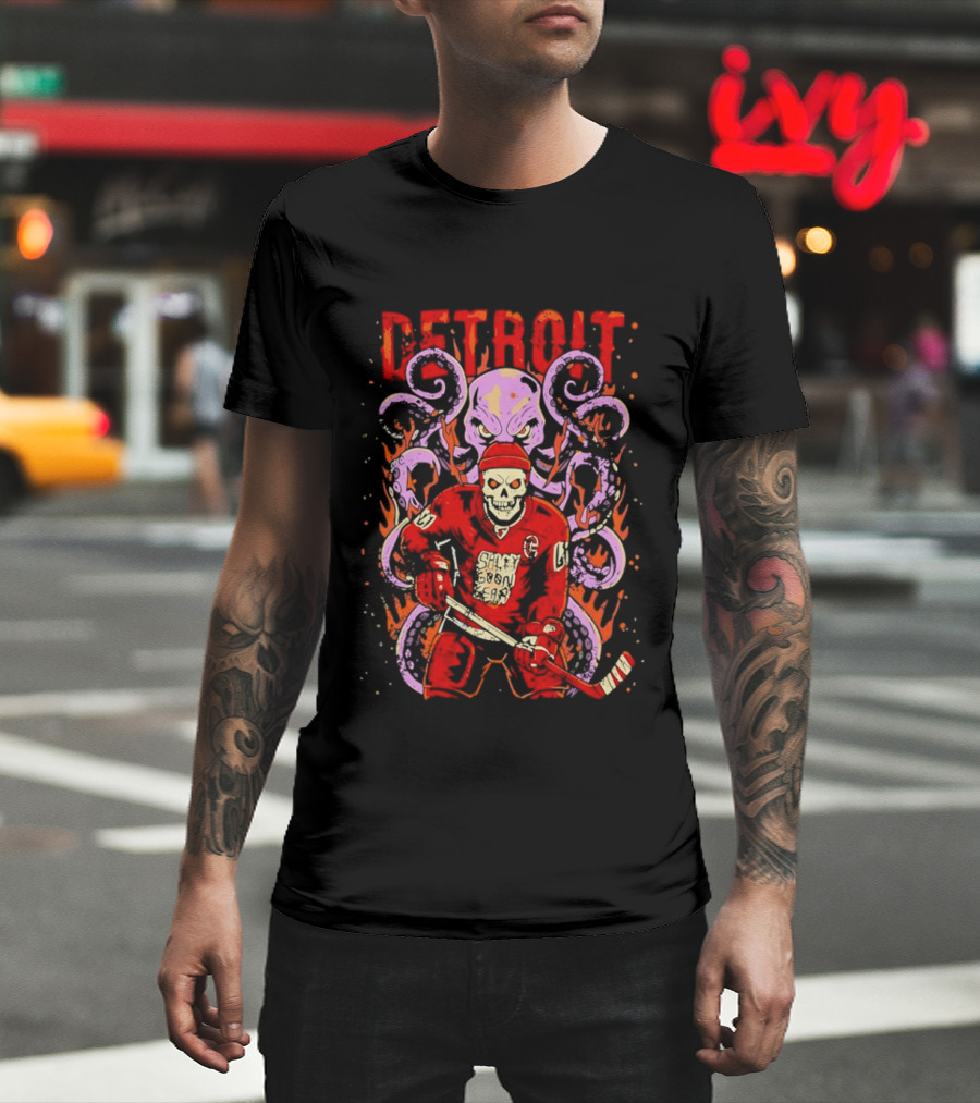 Detroit Salty Goon Skeleton Hockey Giant Octopus T-Shirt