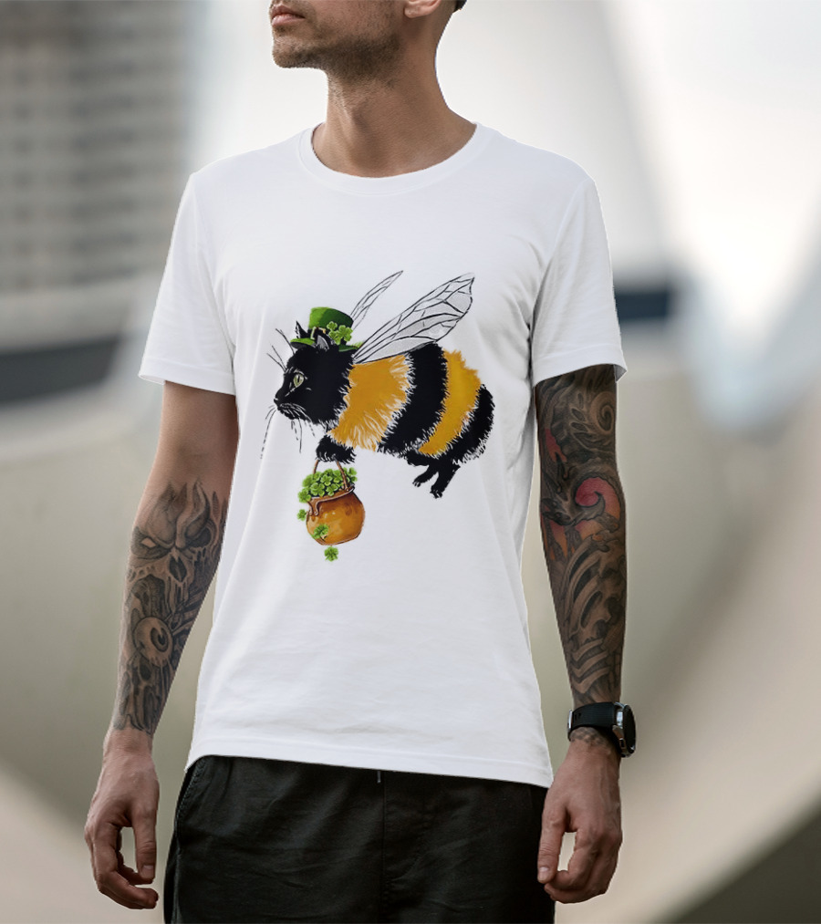 Catbee Lucky Buzz Cat With Clover And Leprechaun Hat T-Shirt