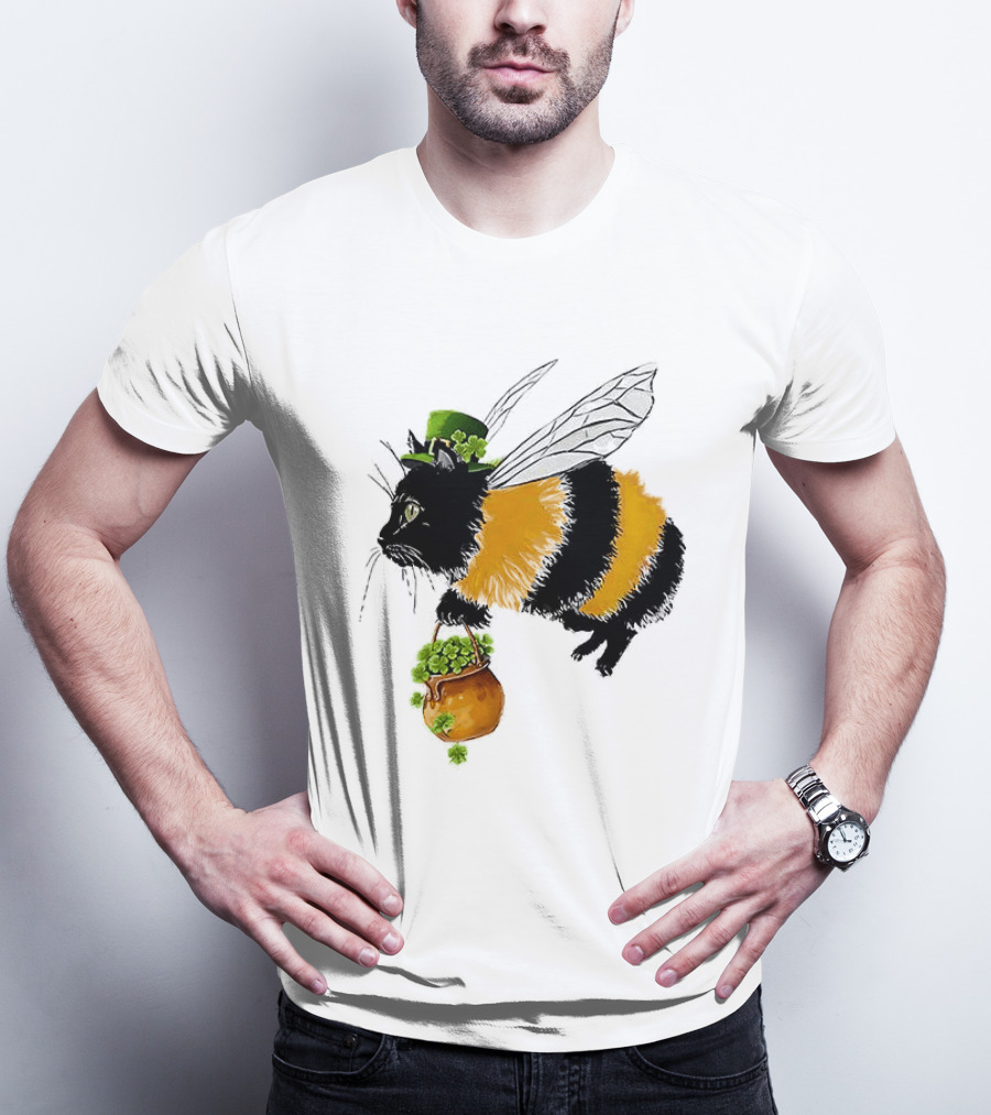 Catbee Lucky Buzz Cat With Clover And Leprechaun Hat T-Shirt