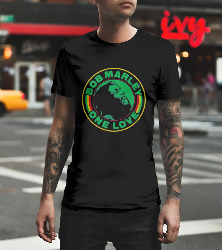 Bob Marley One Love Iconic Circle Emblem With Green And Red Highlights T-Shirt