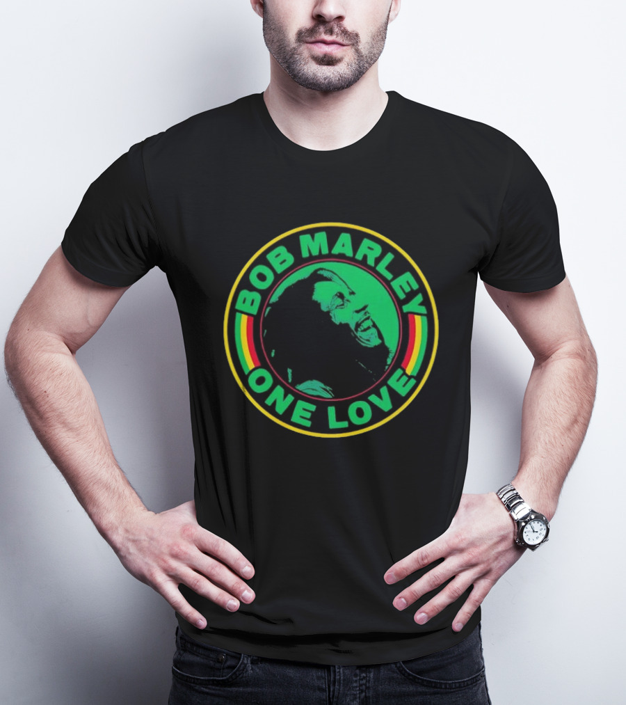 Bob Marley One Love Iconic Circle Emblem With Green And Red Highlights T-Shirt