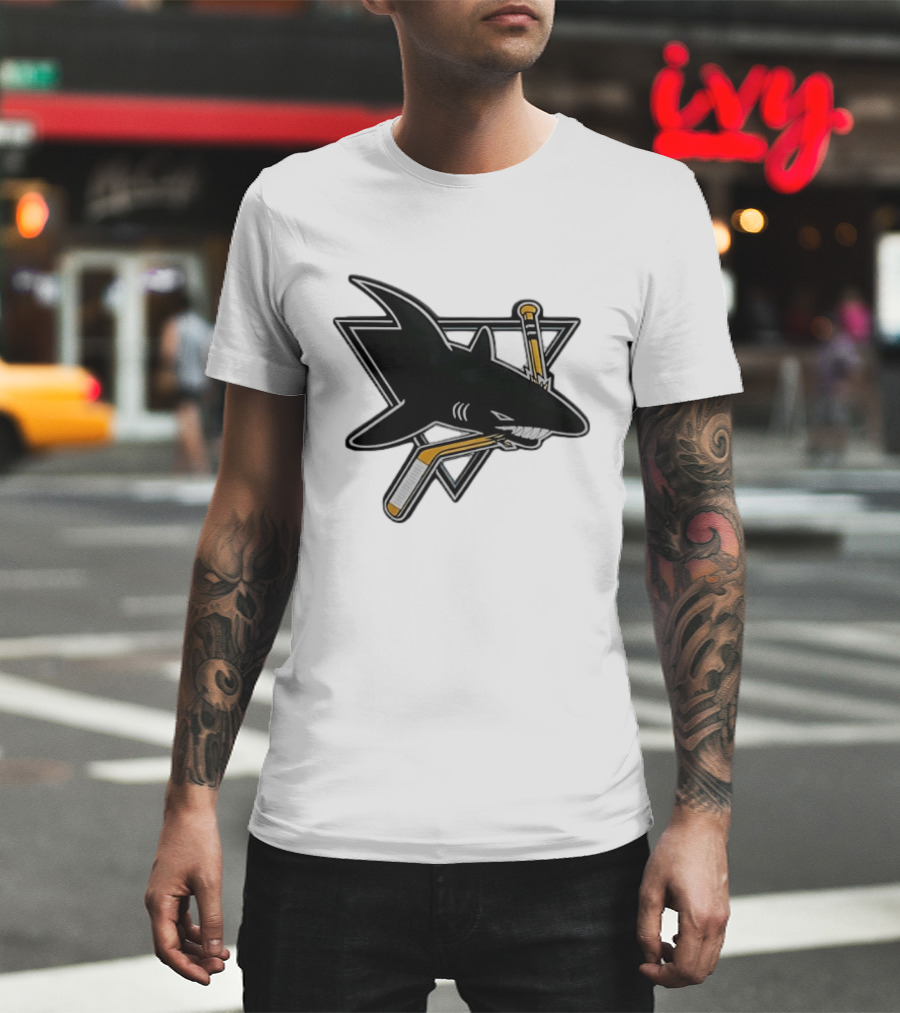 San Jose Sharks Biting Hockey Stick Triangle Sports T-Shirt