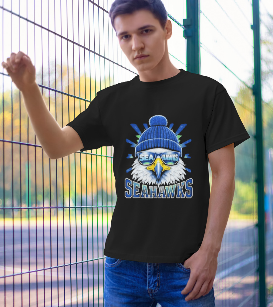 Seahawks Eagle Face With Sunglasses And Winter Hat T-Shirt