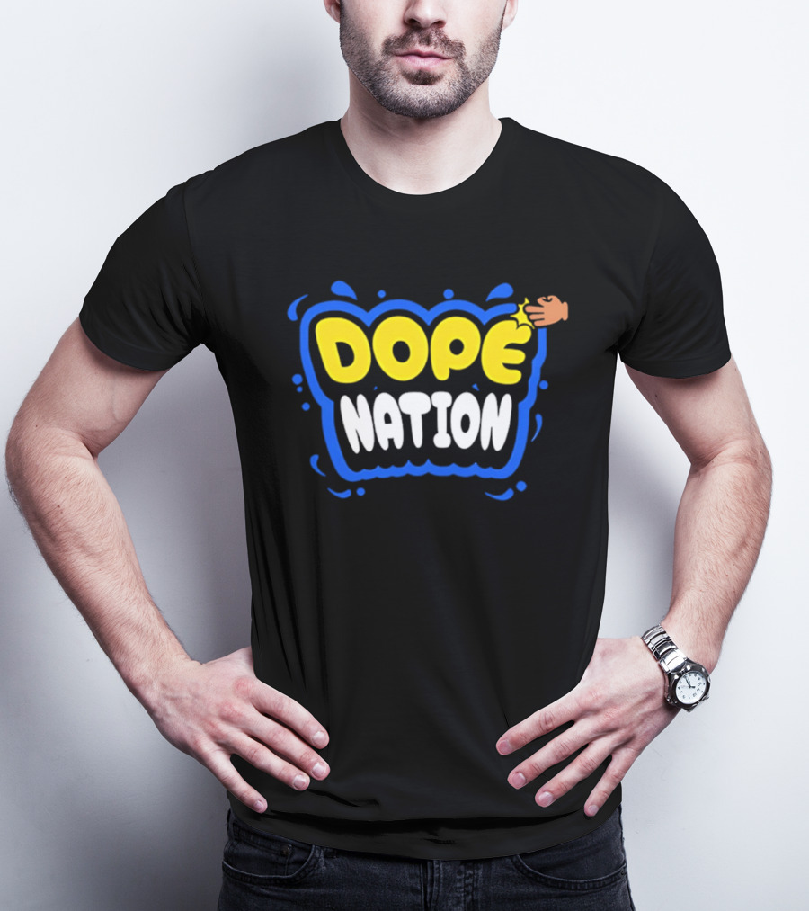 Dope Nation Bubble Letters With Yellow Hand And Blue T-Shirt
