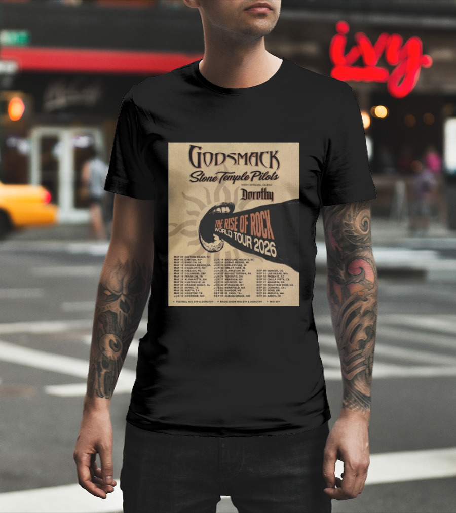 Godsmack Stone Temple Pilots Dorothy The Rise Of Rock World Tour 2026 Schedule T-Shirt