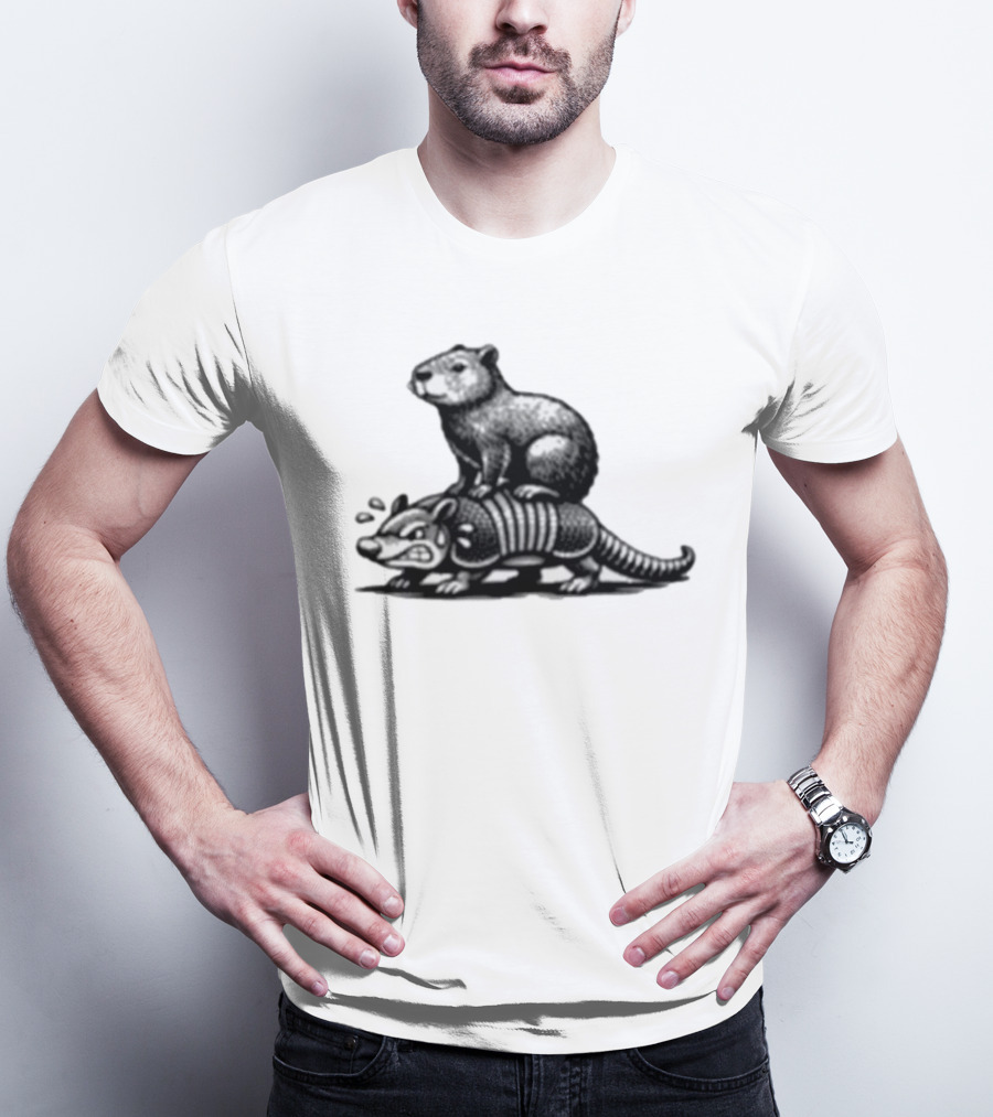 Capybara Riding Armadillo Black And White Illustration Adventure T-Shirt