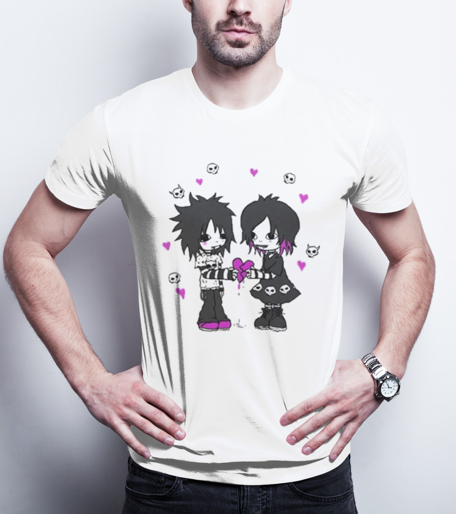 Goodie Two Sleeves Zombie Love Emo Couple Heart Skulls Pink Black T-Shirt