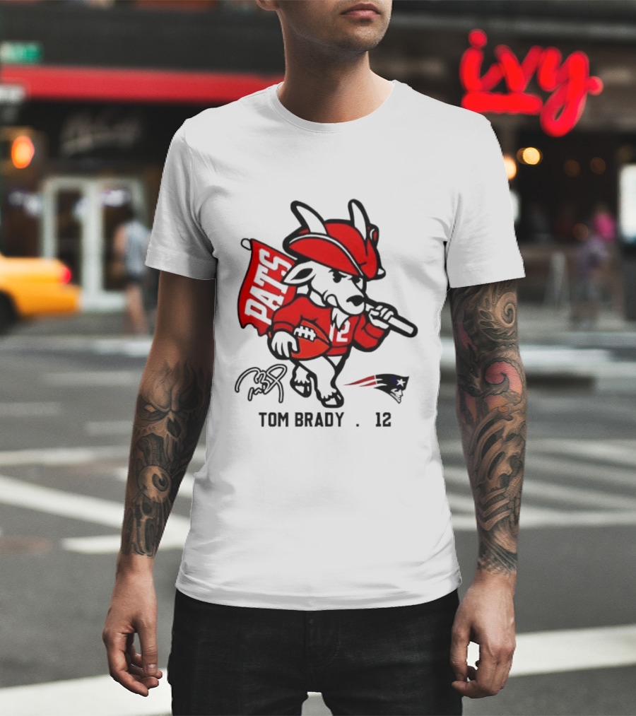 Pats Tom Brady 12 Football Mascot With Signature And New England Patriots Flag T-Shirt