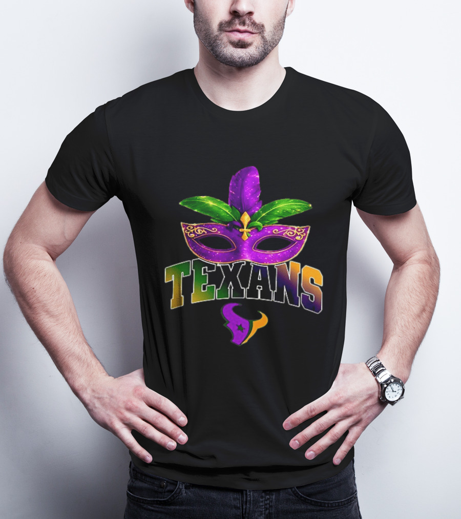 Houston Texans Mardi Gras Mask Fleur De Lis Feather T-Shirt