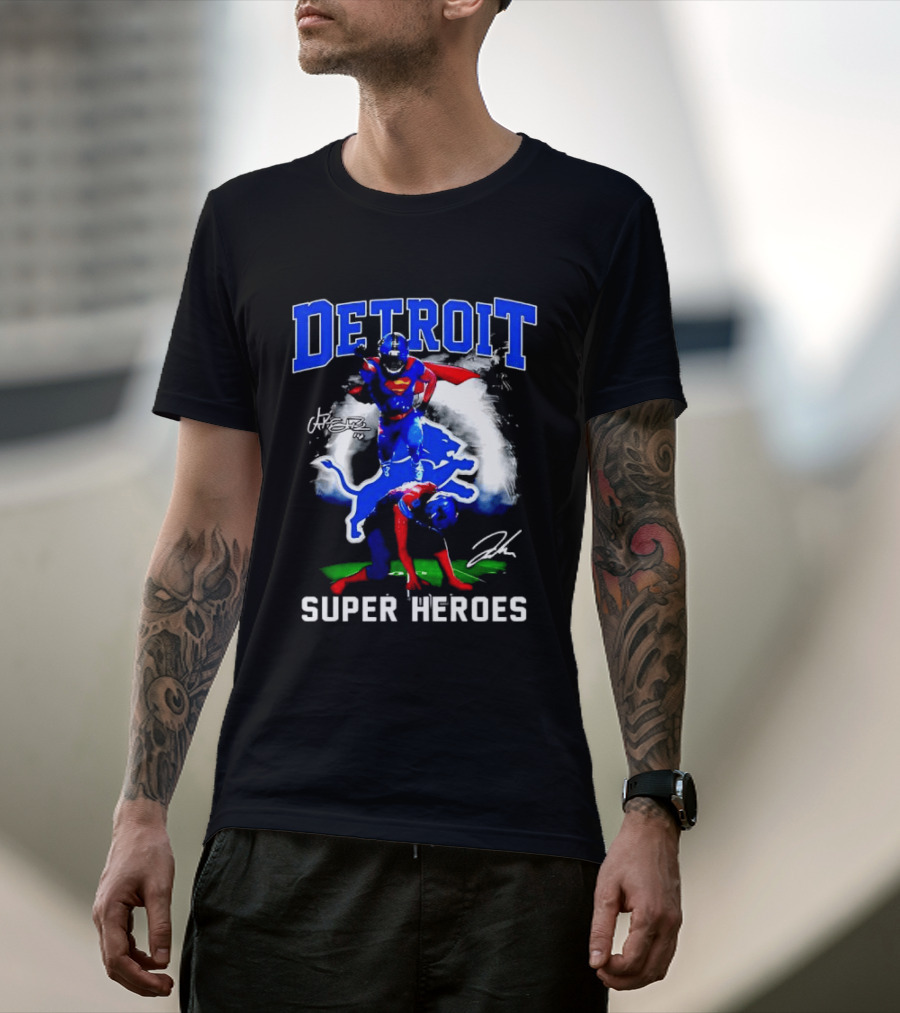 Amon Ra St. Brown Jahmyr Gibbs Superman Detroit Lions Super Heroes T-Shirt