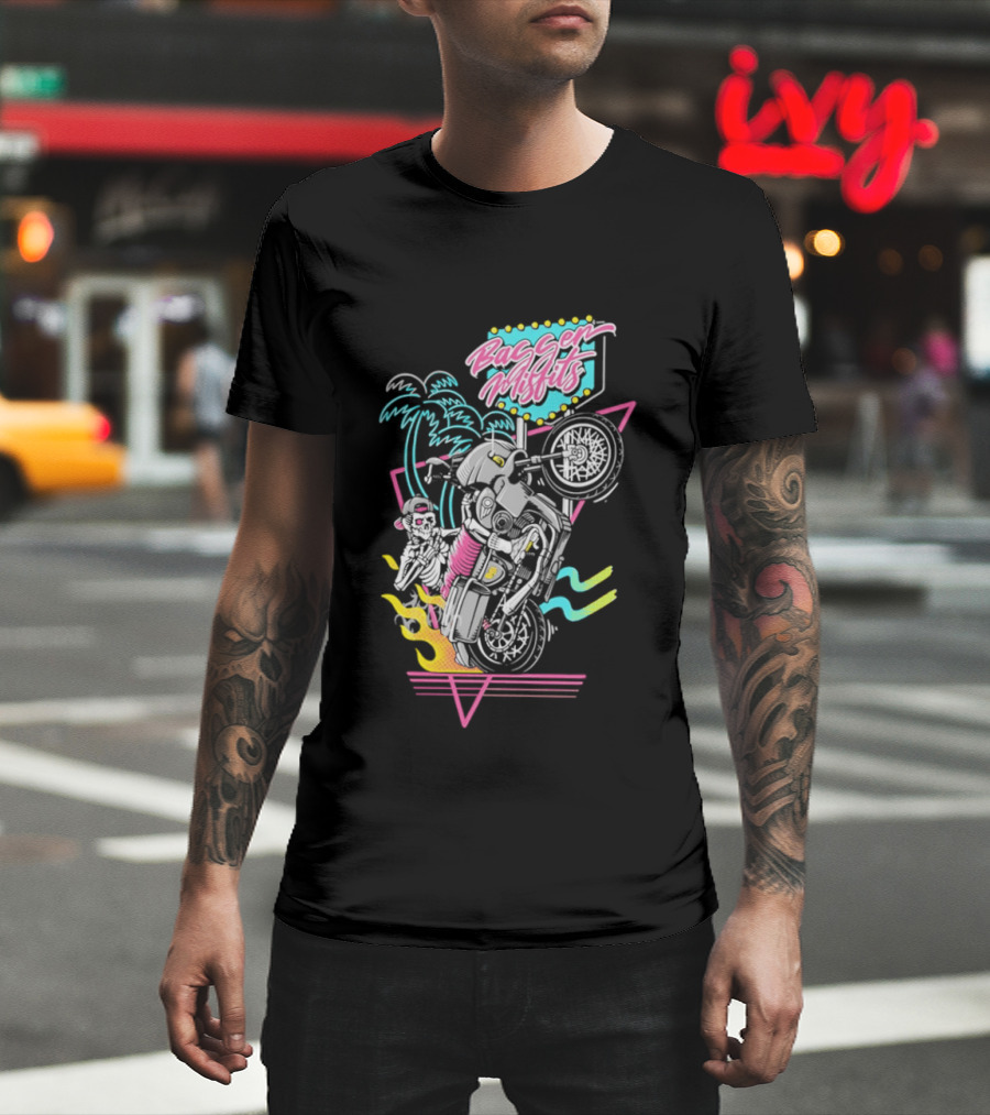 Bagger Misfits Skeleton Motorcycle Wheelie Neon 80s Palm Trees T-Shirt