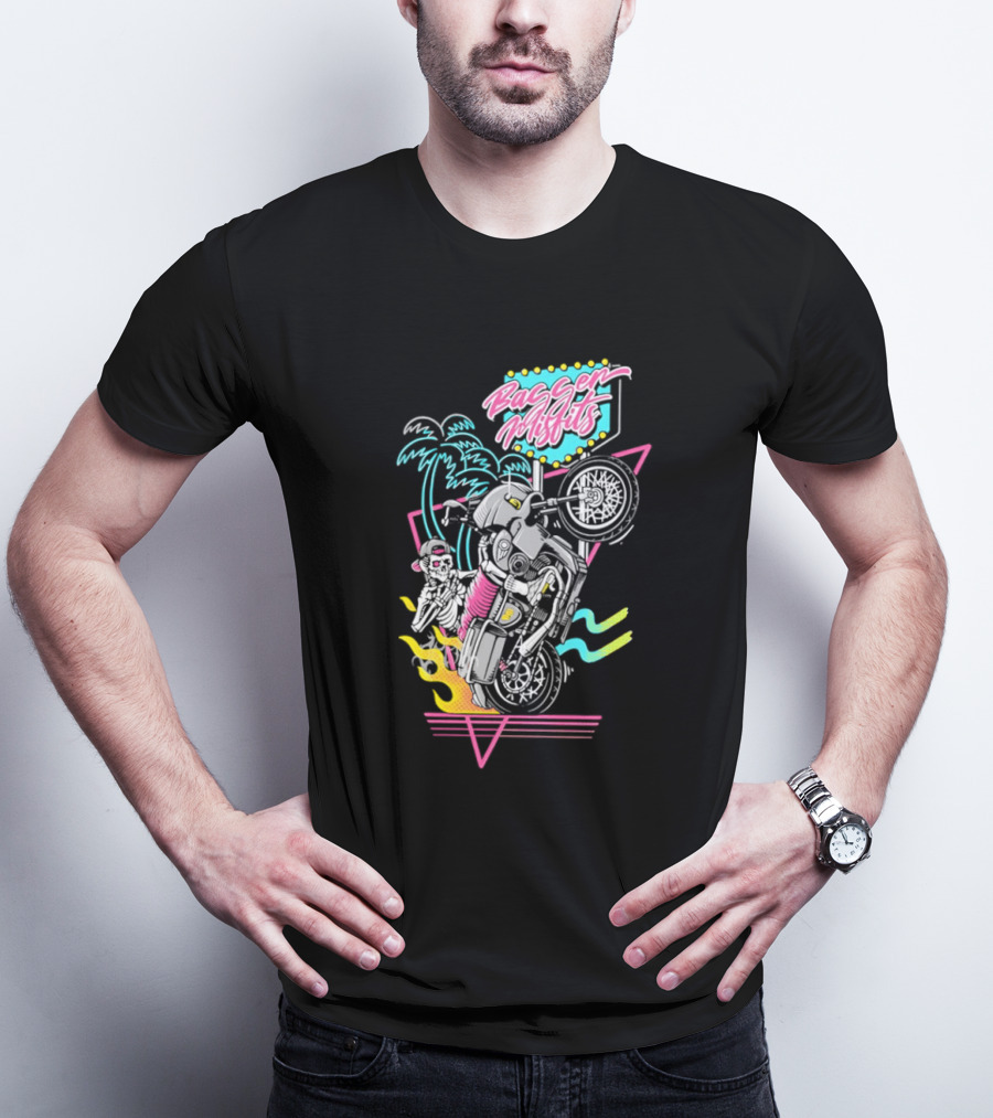 Bagger Misfits Skeleton Motorcycle Wheelie Neon 80s Palm Trees T-Shirt