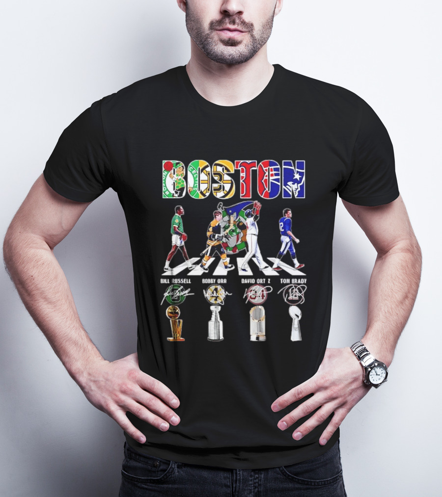Boston Celtics Bruins Red Sox Patriots Bill Russell Bobby Orr David Ortiz Tom Brady Trophies Legends Signatures T-Shirt