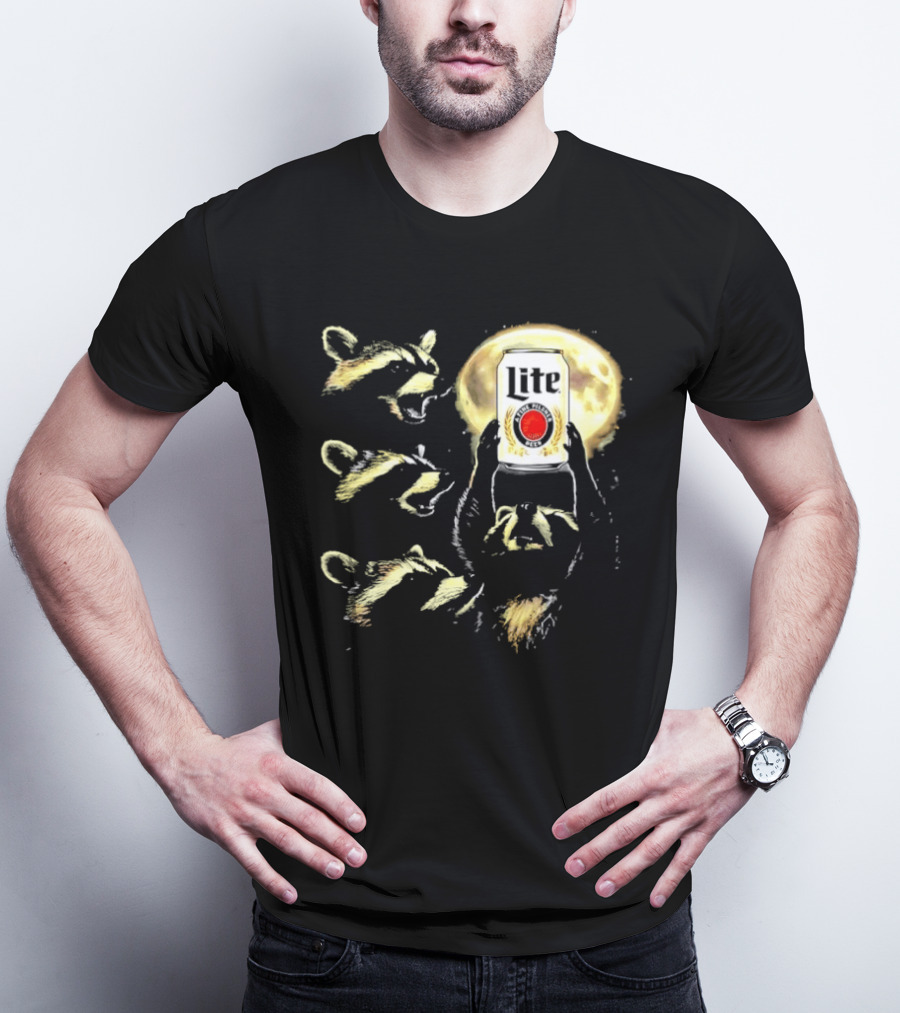 Four Raccoons Howling At Moon With Miller Lite Can T-Shirt