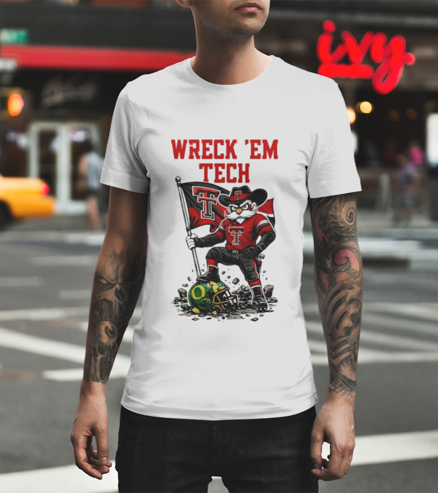 Wreck 'Em Tech Texas Tech Red Raiders Raider Red Flag And Helmet T-Shirt