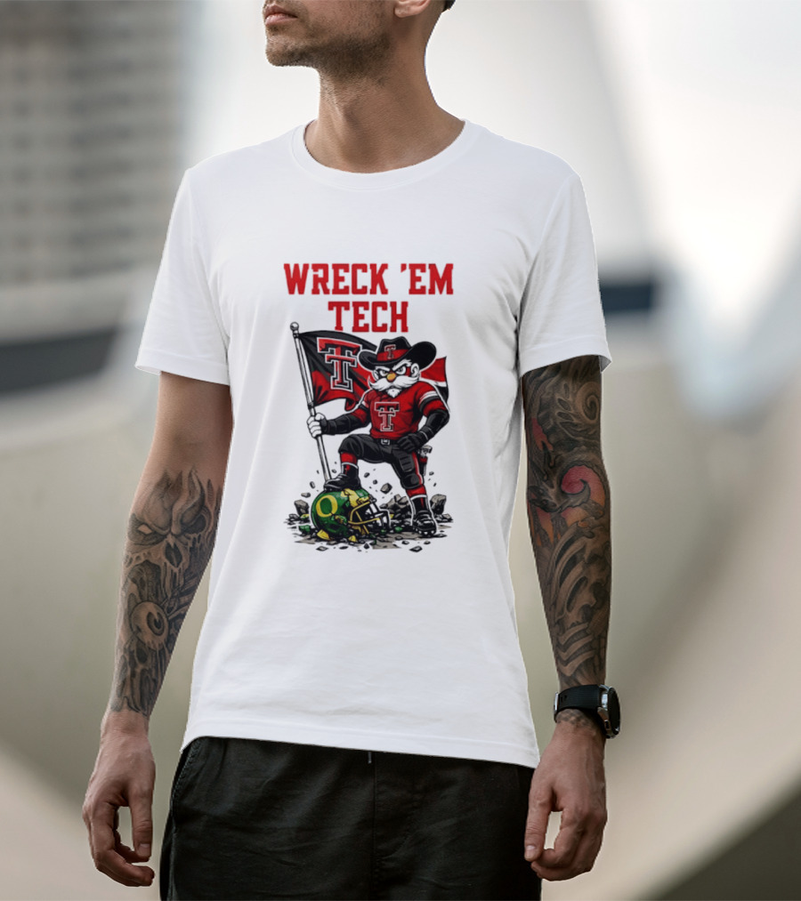Wreck 'Em Tech Texas Tech Red Raiders Raider Red Flag And Helmet T-Shirt
