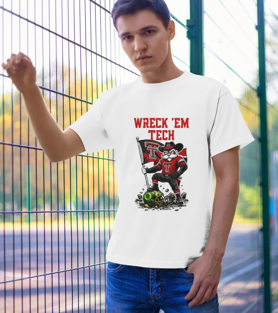 Wreck 'Em Tech Texas Tech Red Raiders Raider Red Flag And Helmet T-Shirt