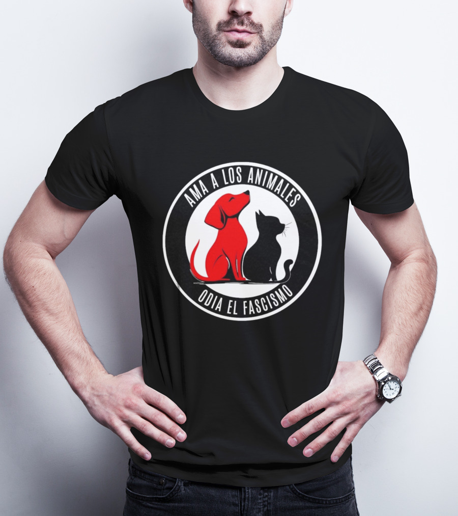 Ama A Los Animales Odia El Fascismo Perro Rojo Gato Negro Círculo Blanco Negro T-Shirt