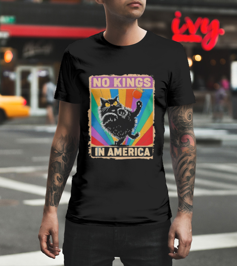 No Kings In America Black Cat Anti Trump Rainbow Kingslayer T-Shirt