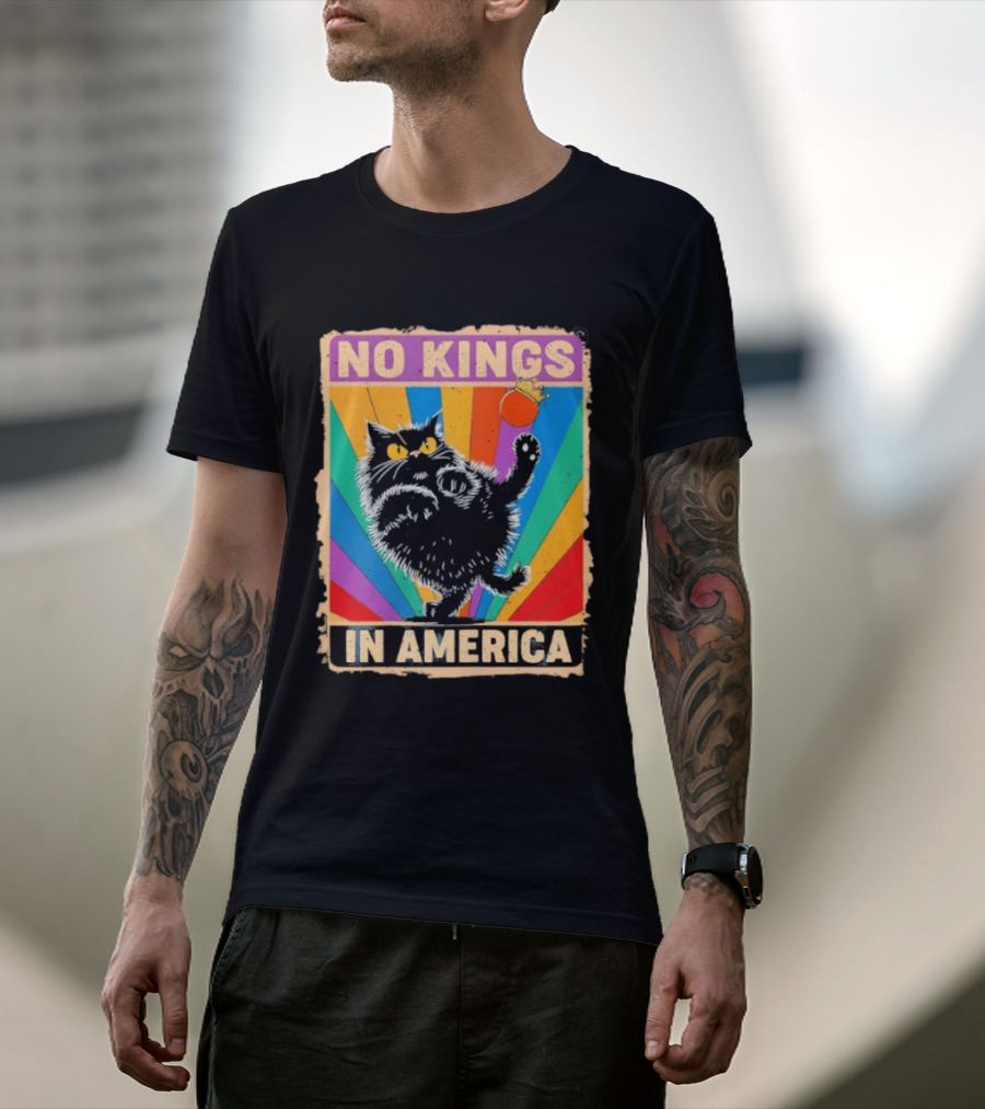 No Kings In America Black Cat Anti Trump Rainbow Kingslayer T-Shirt