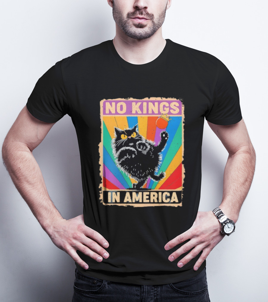 No Kings In America Black Cat Anti Trump Rainbow Kingslayer T-Shirt
