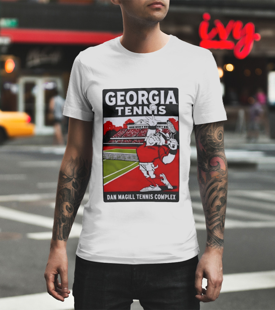 Georgia Tennis Dan Magill Tennis Complex Cartoon Character Court Scene T-Shirt