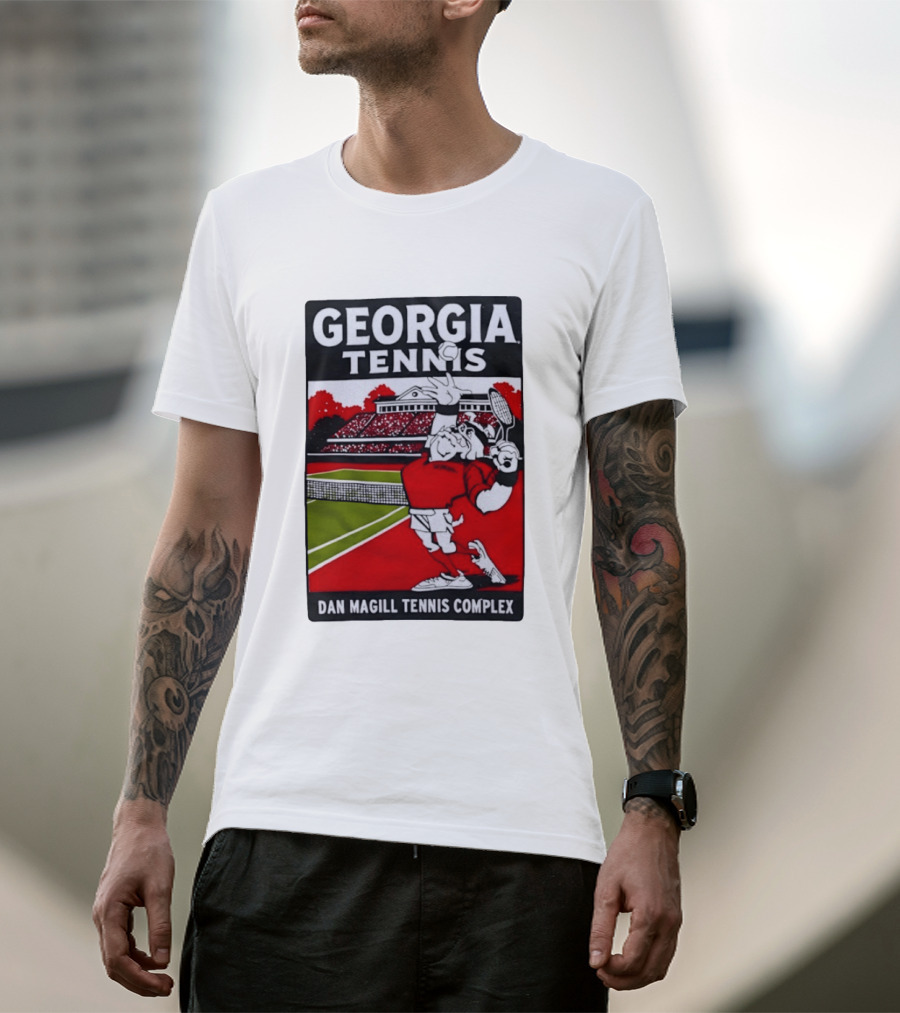 Georgia Tennis Dan Magill Tennis Complex Cartoon Character Court Scene T-Shirt
