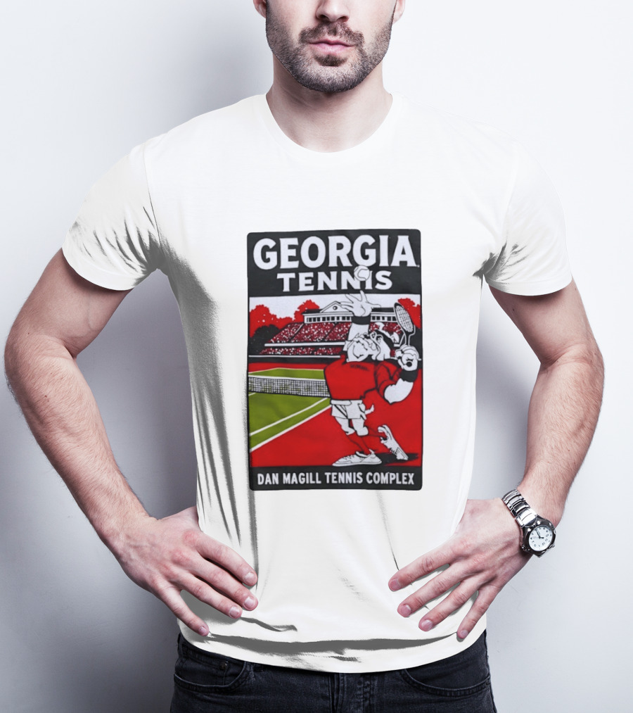 Georgia Tennis Dan Magill Tennis Complex Cartoon Character Court Scene T-Shirt