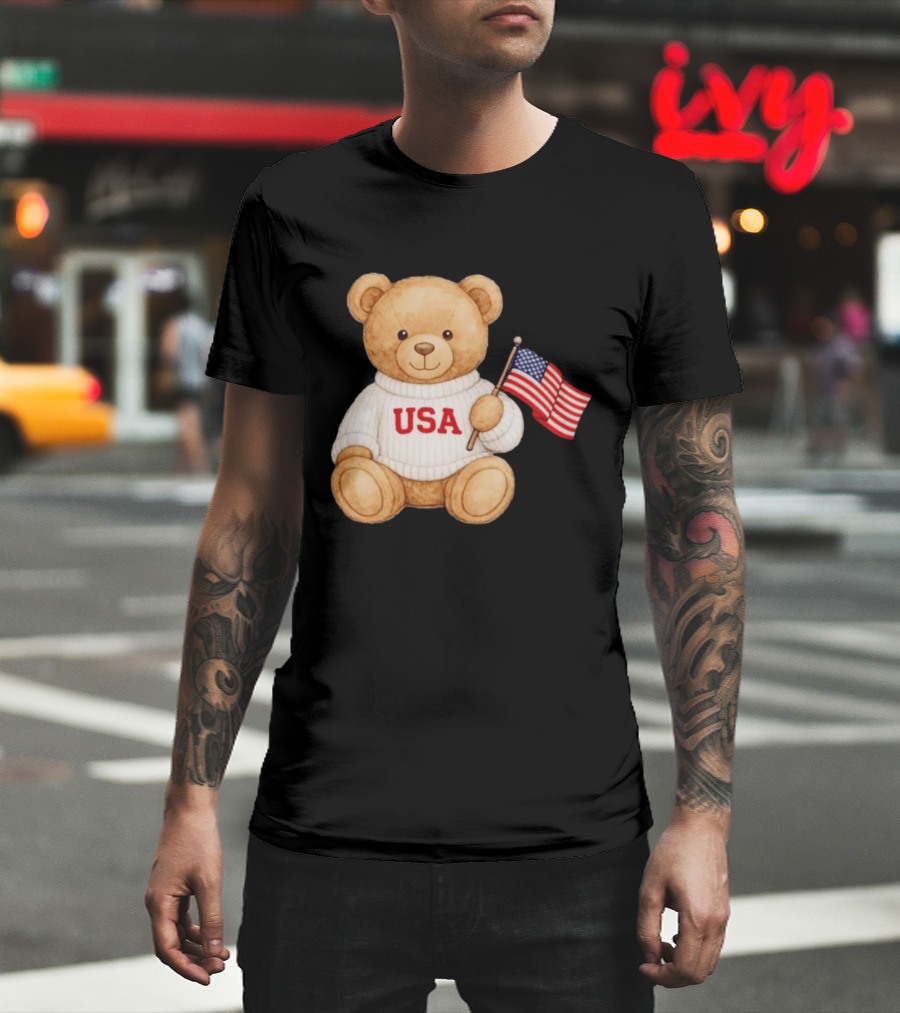 USA Teddy Bear Holding American Flag T-Shirt