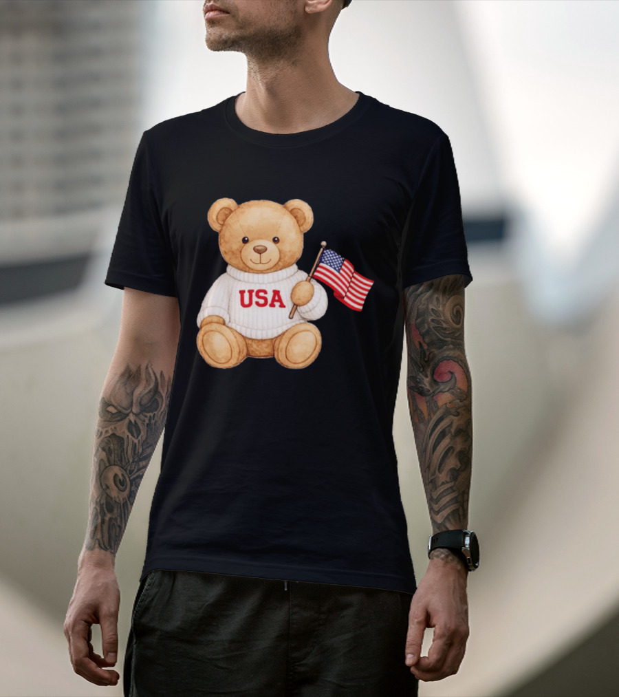 USA Teddy Bear Holding American Flag T-Shirt