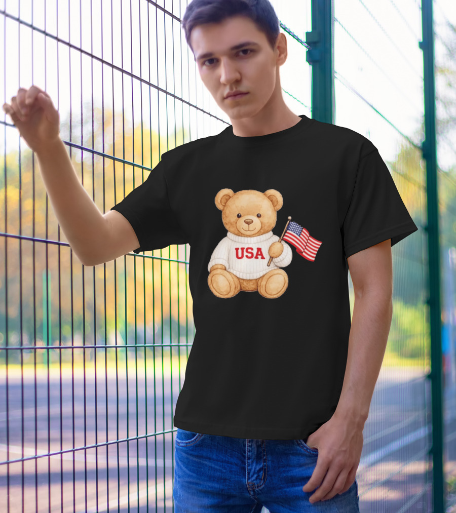 USA Teddy Bear Holding American Flag T-Shirt