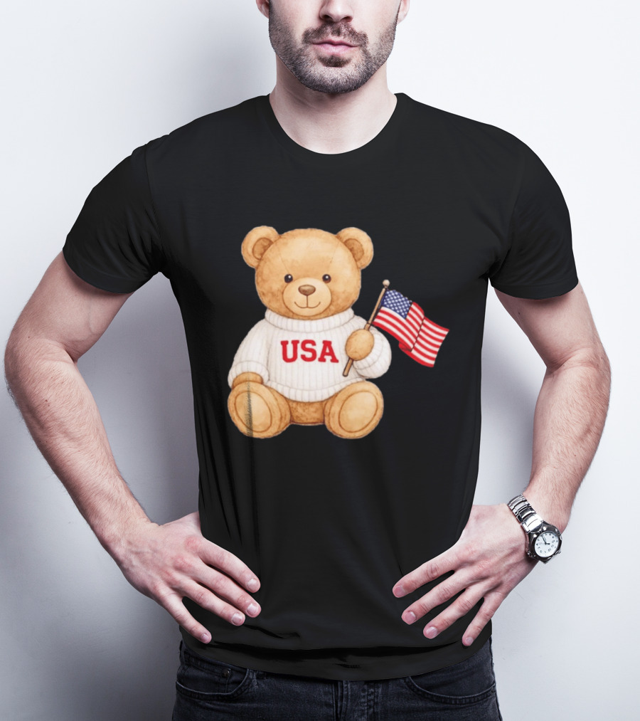 USA Teddy Bear Holding American Flag T-Shirt