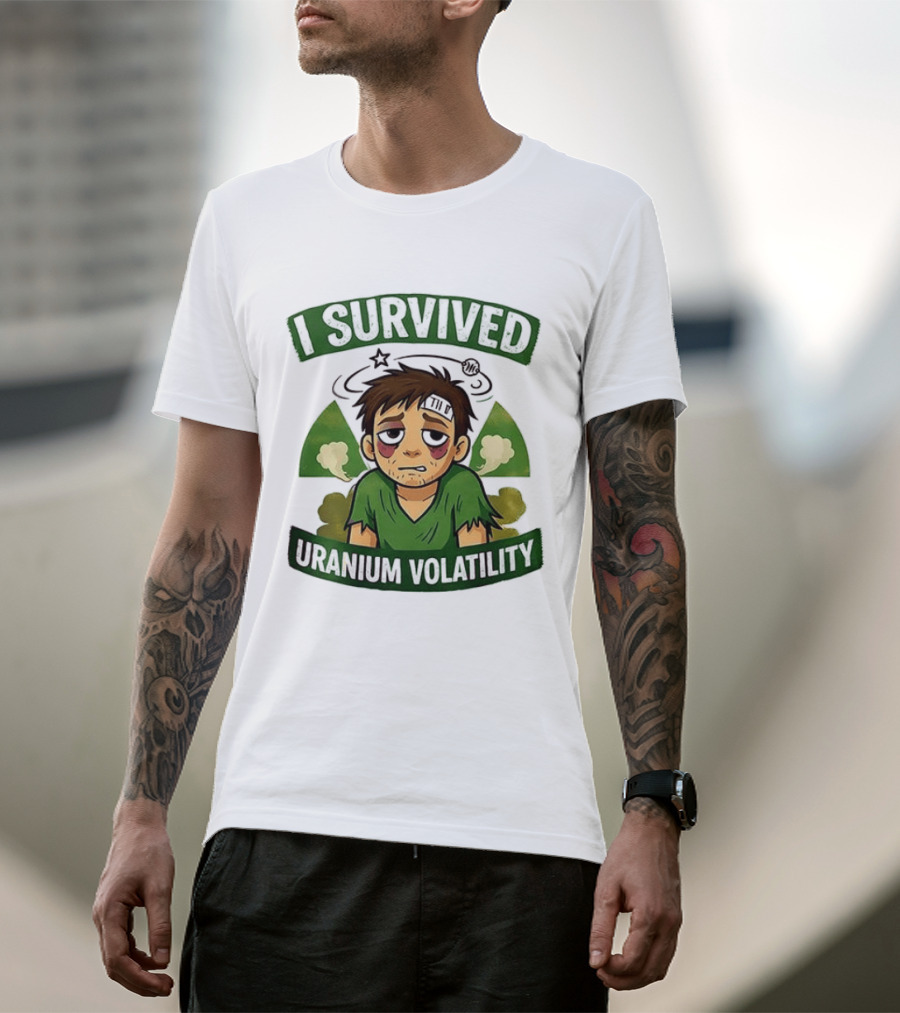 I Survived Uranium Volatility Exhausted Cartoon Character Wearing Torn Green T-Shirt