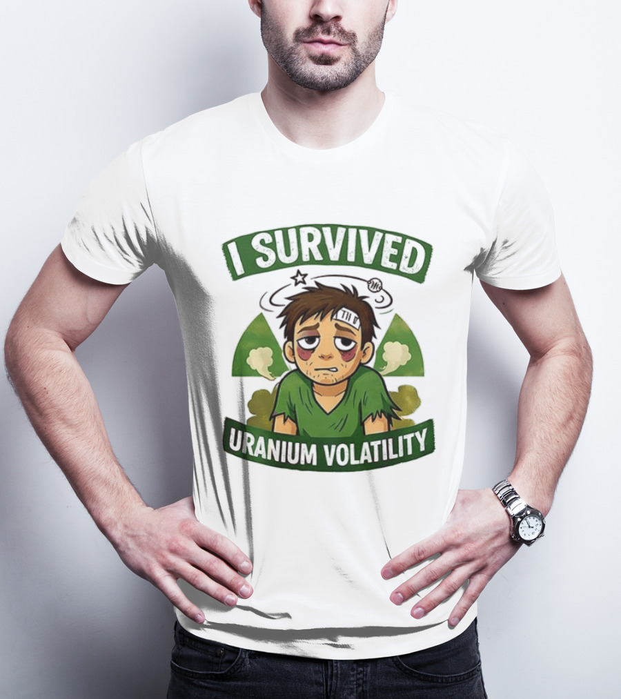 I Survived Uranium Volatility Exhausted Cartoon Character Wearing Torn Green T-Shirt